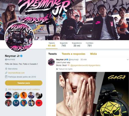 Neymar Jr. atinge a marca de 30 milhões de seguidores no Twitter