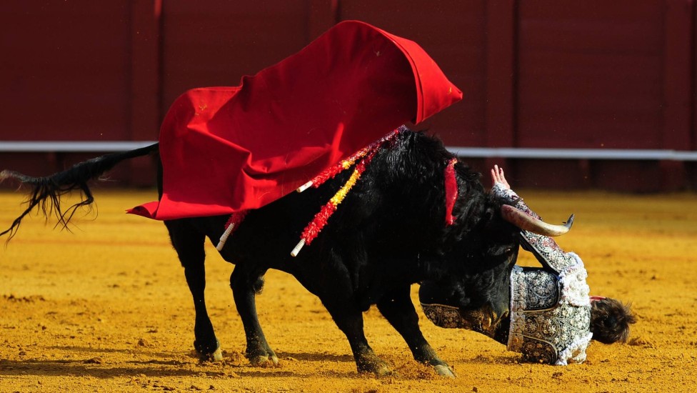 Toureiro leva chifrada em arena na Espanha